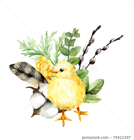 Easter composition with willow, chick and feather - Stock Illustration ...
