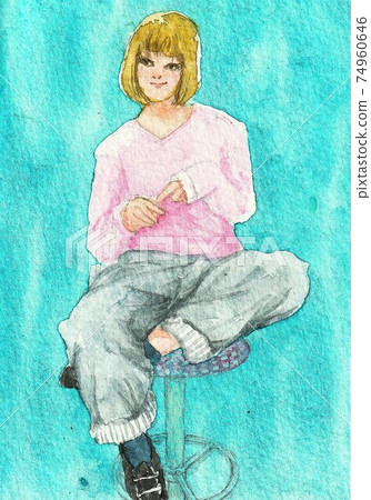 Watercolor girl sitting on a chair - Stock Illustration [74960646] - PIXTA