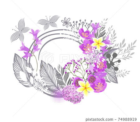 Round floral frame with purple flowers. Vector... - Stock Illustration ...