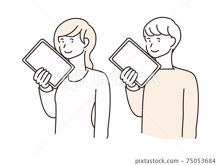Men and women showing a tablet - Stock Illustration [75053684] - PIXTA