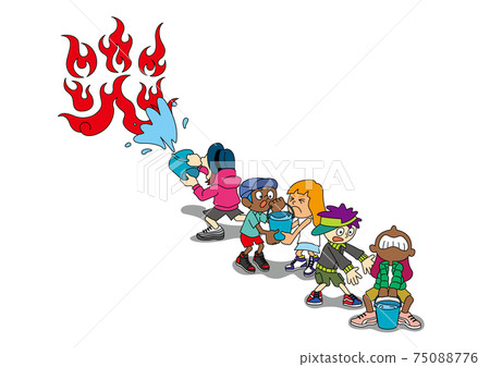 Children experiencing a bucket relay in a... - Stock Illustration ...