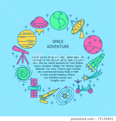 Space theme round concept banner in line style - Stock Illustration ...