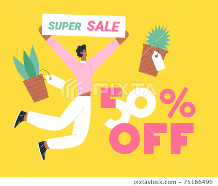 a young man holds a super discount poster - Stock Illustration ...
