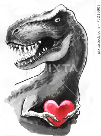 T-Rex in love with a heart. Ink and watercolor - Stock Illustration ...