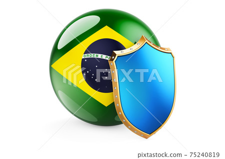 Brazilian flag with shield. Protect of Brazil... - Stock Illustration ...