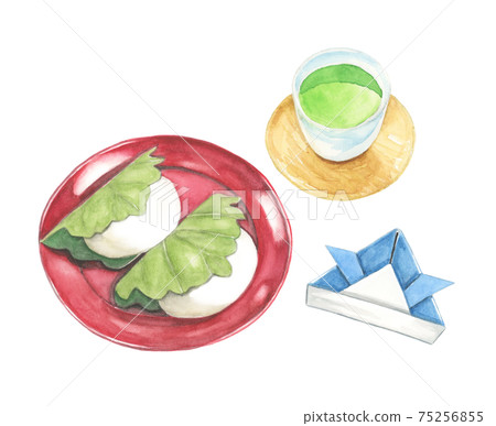 Kashiwa mochi, origami helmet and green tea... - Stock Illustration ...
