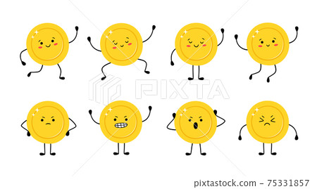 Cute gold coin in different poses. Money coin... - Stock Illustration ...