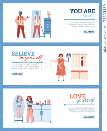 Happy people looking in mirrors with positive... - Stock Illustration ...