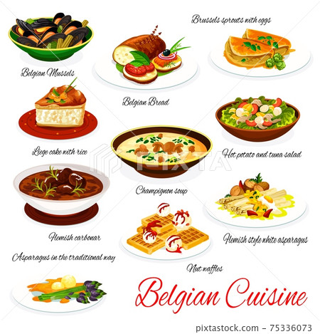 Belgian cuisine vector menu meals, Belgium dishes - Stock Illustration ...