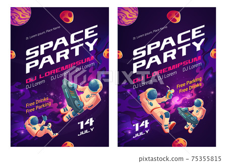 Space party cartoon flyers, invite to music show - Stock Illustration ...
