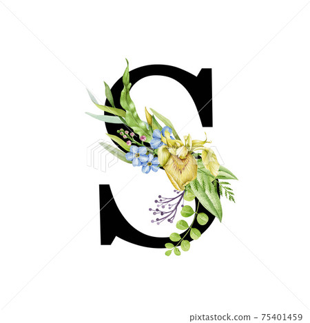 Floral spring alphabet. Capital letter S. Font... - Stock Illustration ...