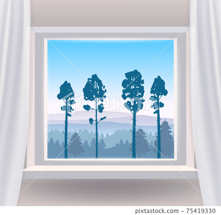 Open window interior home with a forest... - Stock Illustration ...