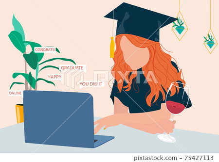 The girl alone celebrates her graduation at home. - Stock Illustration ...