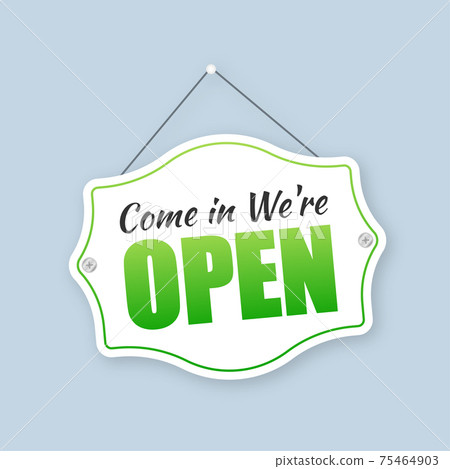Open door sign. Door sign. Label with text in... - Stock Illustration ...