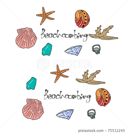 Hand-painted beachcombing illustration box... - Stock Illustration ...