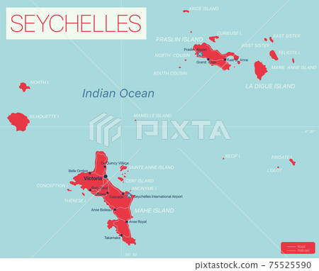 Seychelles islands detailed editable map - Stock Illustration [75525590 ...