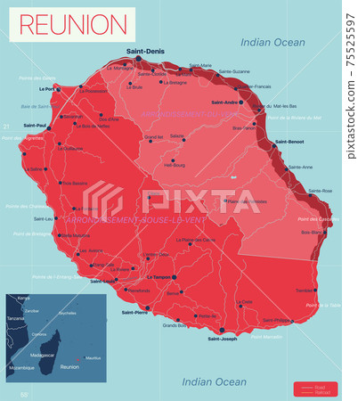 Reunion island detailed editable map - Stock Illustration [75525597 ...