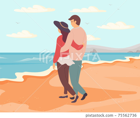 Young couple in relationship hug and stare at... - Stock Illustration ...