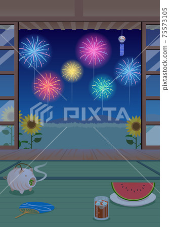 Vector illustration of fireworks seen from the... - Stock Illustration ...