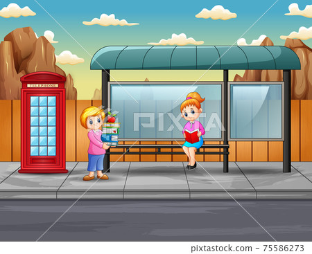 Cartoon two women holding books at the bus stop - Stock Illustration ...