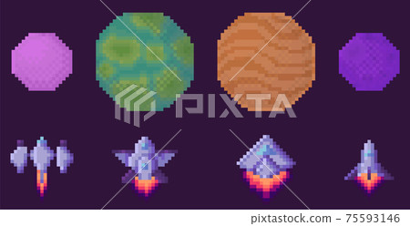 Collection of cosmic round objects above lined... - Stock Illustration ...