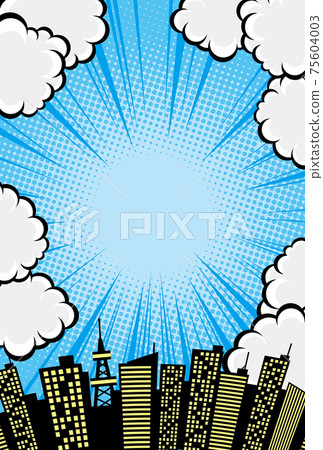 Comic art style clouds, sky and city background... - Stock Illustration ...