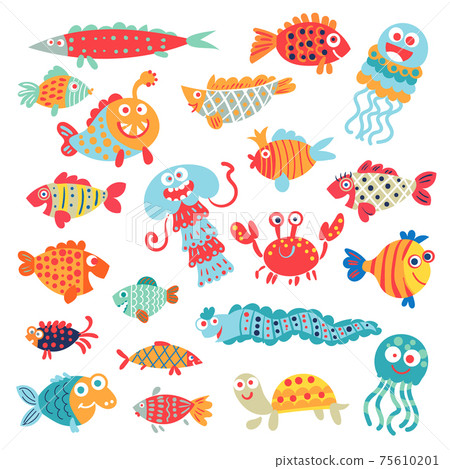 Cute flat fish. Funny cartoon character - Stock Illustration [75610201 ...