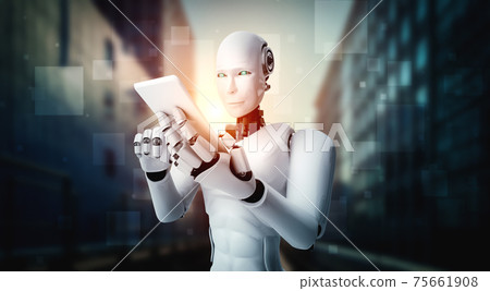 Robot humanoid use mobile phone or tablet for... - Stock Illustration ...