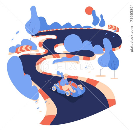 Go kart track cartoon scene with woman riding... - Stock Illustration ...