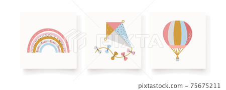 Cute illustration with rainbow, kite, hot air... - Stock Illustration ...