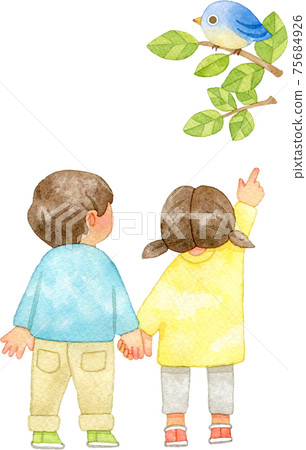 Children pointing at the blue bird - Stock Illustration [75684926] - PIXTA