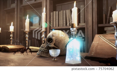 A skull and a manuscript with spells lie on the... - Stock Illustration ...