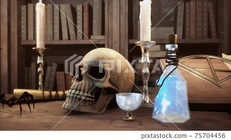 A skull and a manuscript with spells lie on the... - Stock Illustration ...