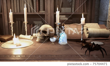 A skull and a manuscript with spells lie on the... - Stock Illustration ...