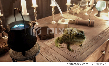 On the alchemist's table is a green big toad... - Stock Illustration ...
