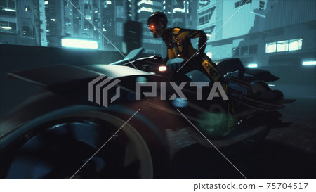 Cyborg rides a huge speed on the motorcycle of... - Stock Illustration ...