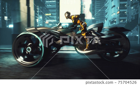 Cyborg rides a huge speed on the motorcycle of... - Stock Illustration ...