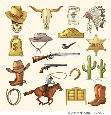 Colored illustrations of wild west symbols.... - Stock Illustration ...