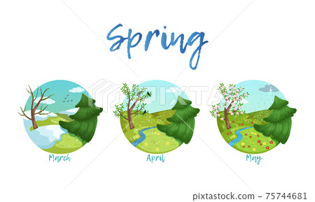 Spring Season Nature Landscape Set, March,... - Stock Illustration ...