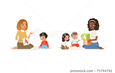 Cute Children Studying Alphabet with Their... - Stock Illustration ...