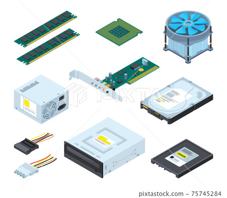 Different hardware parts and components of... - Stock Illustration ...