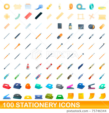 100 stationery icons set, cartoon style - Stock Illustration [75746344 ...