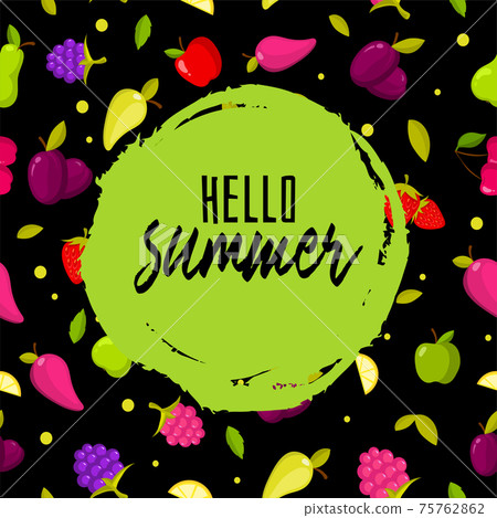 Hello summer. Colorful background with fruits - Stock Illustration ...