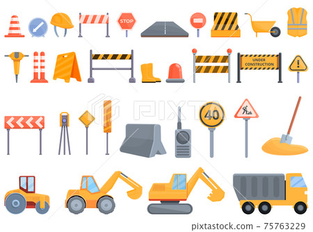Highway construction icons set, cartoon style - Stock Illustration ...