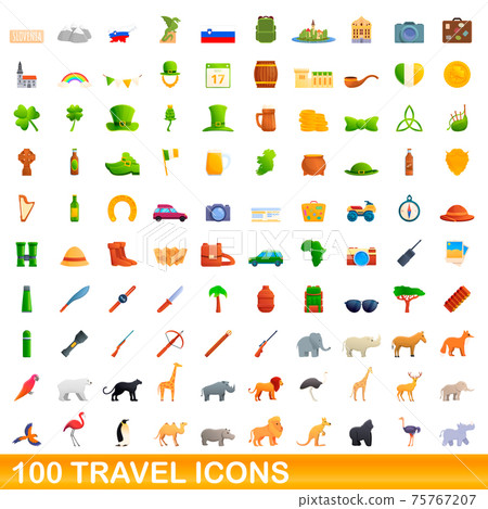 100 travel icons set, cartoon style - Stock Illustration [75767207] - PIXTA