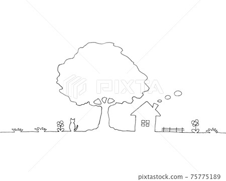 Landscape of the house under the tree Line art... - Stock Illustration ...