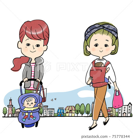 Moms and babies going around town - Stock Illustration [75778344] - PIXTA