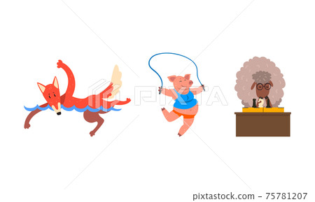 Sheep Playing Chess, Pig Jumping with Skipping... - Stock Illustration ...