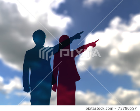 Young men and women silhouette pointing far... - Stock Illustration ...