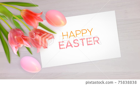 Easter composition with realistic pink tulips,... - Stock Illustration ...